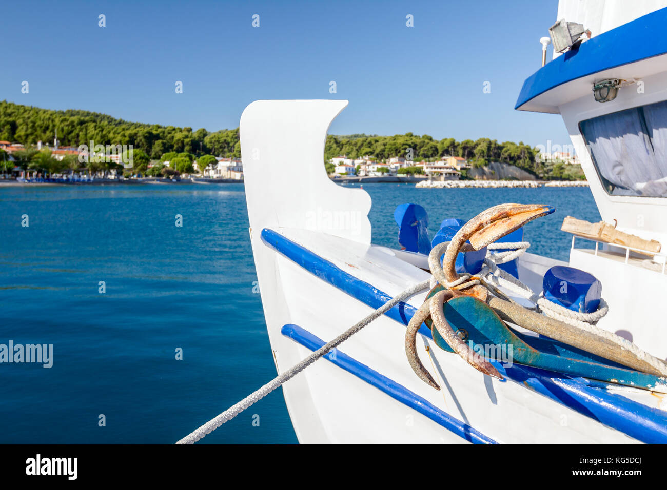 Side view of a captain's cabin at small fishing boat with anchor Stock ...