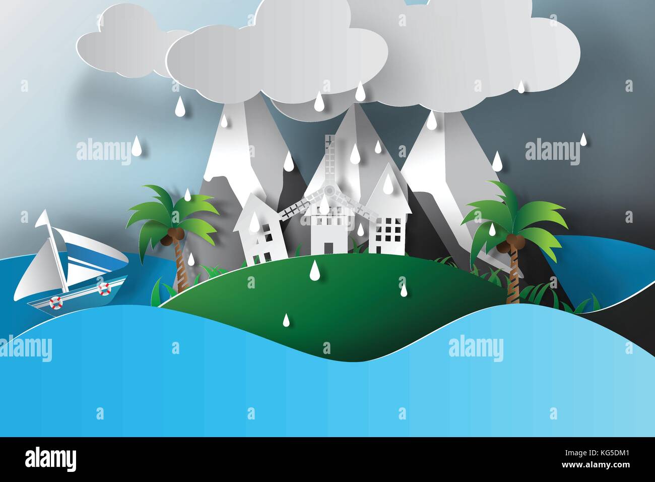 paper art of Island sea view rainy season,vector Stock Vector Image ...
