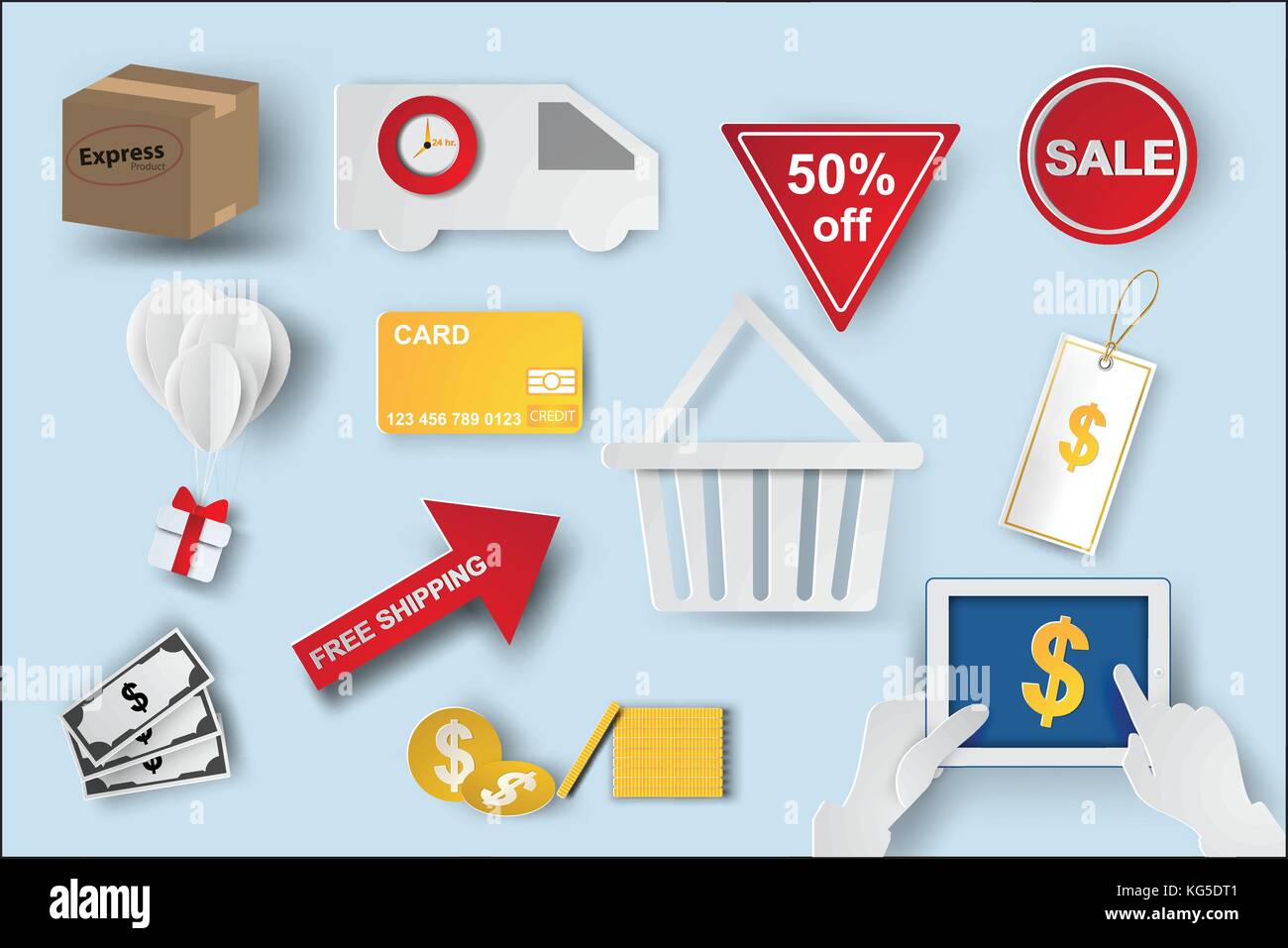 Paper art of icons of e-commerce symbols, internet shopping elements ...