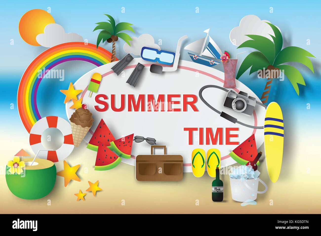 Paper art of summer time element banner background,travel,vector Stock ...