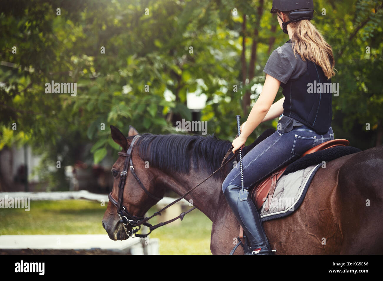 Portrait of young woman riding her horse Stock Photo - Alamy