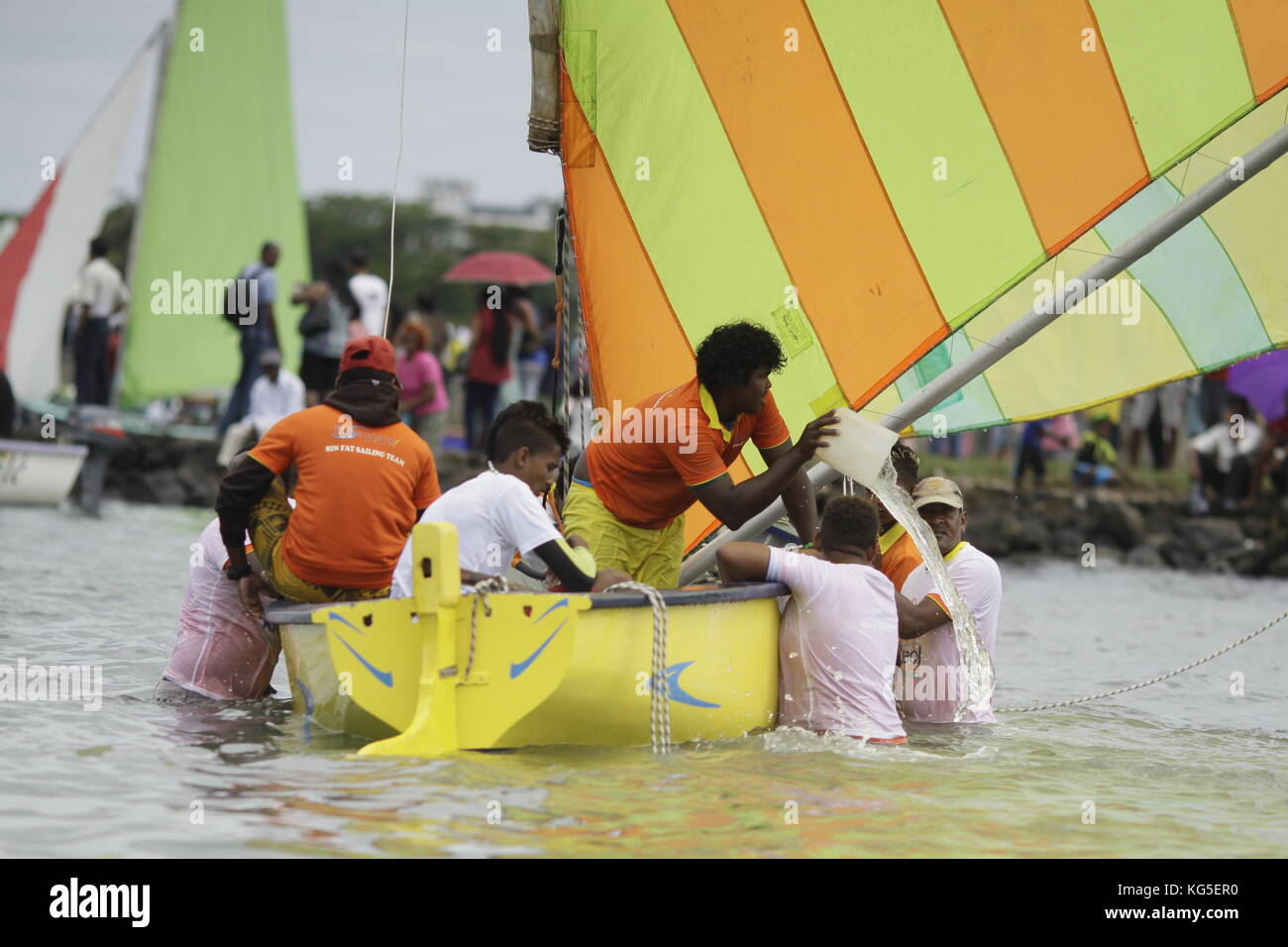 Regatta of colorful traditional Mauritian wooden Pirogues Mahebourg ...
