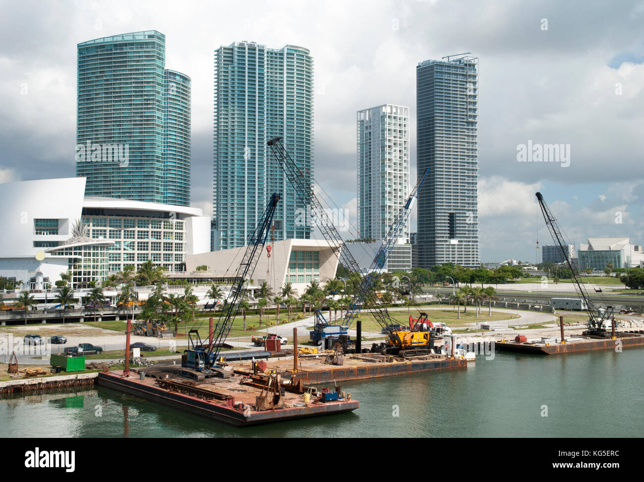 The industrial view of building embankment with Miami downtown skyline ...