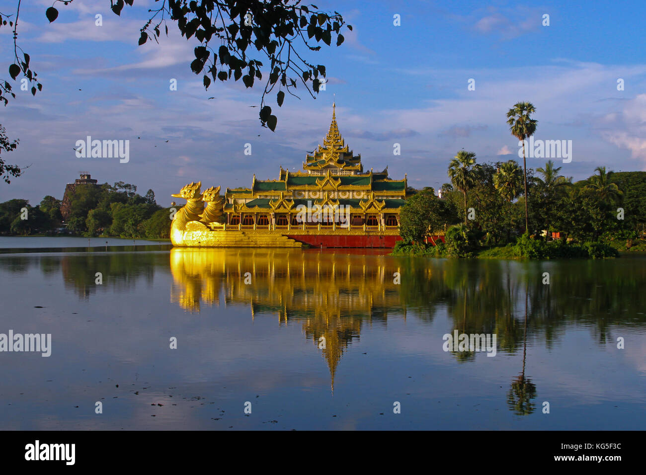 Golden Karaweik Barge reflected in Kandawgyi Lake, Yangon, Myanmar ...