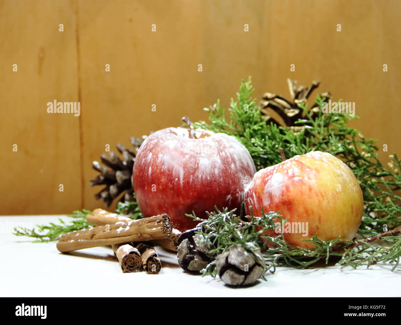 christmas background red apples and green pines Stock Photo - Alamy