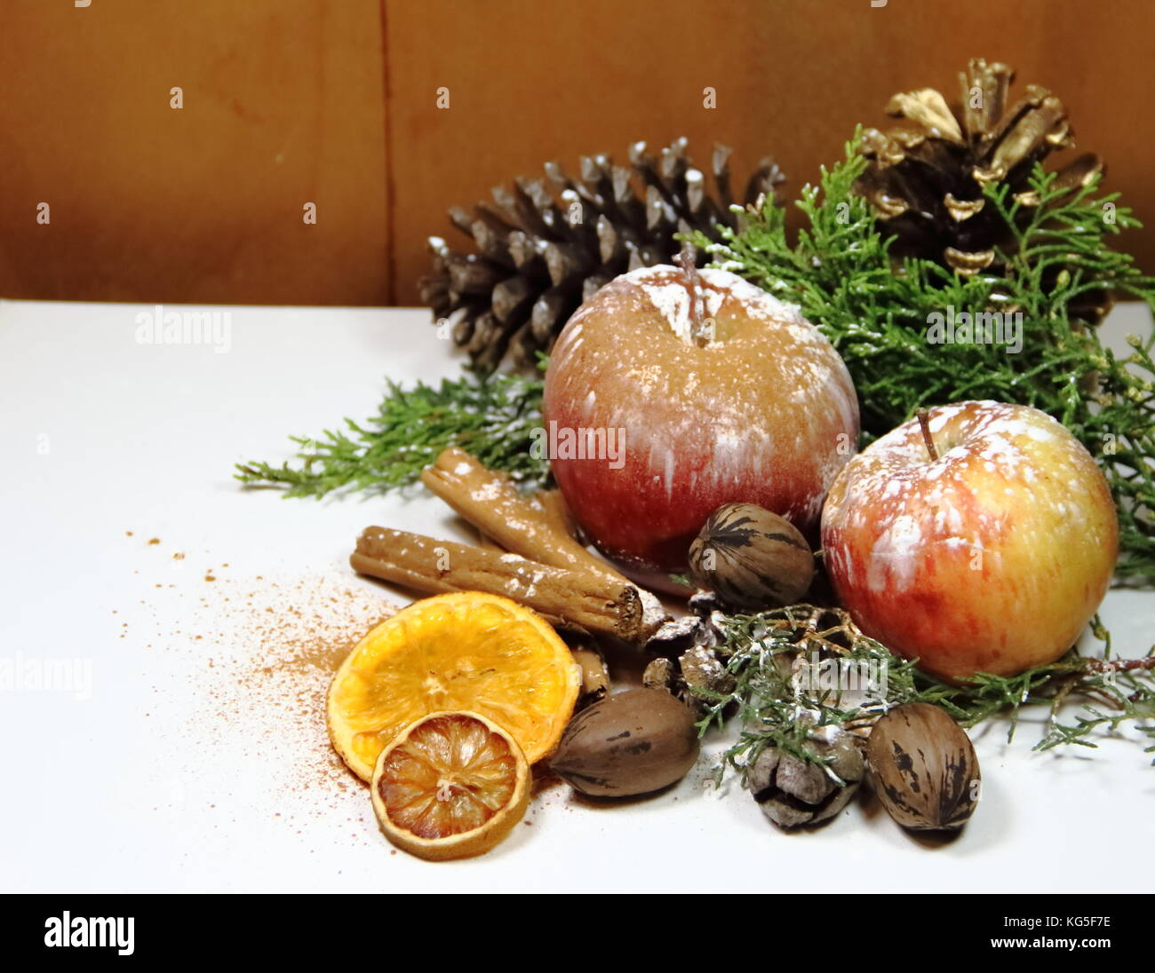 christmas background red apples and green pines Stock Photo - Alamy