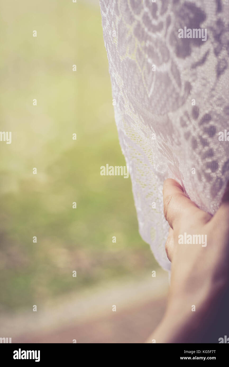 Window, detail, curtain, hand Stock Photo - Alamy
