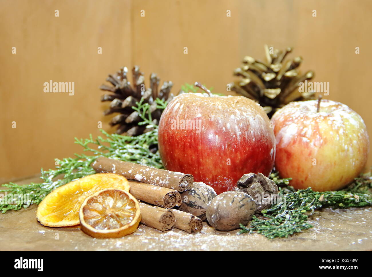 christmas background red apples and green pines Stock Photo - Alamy