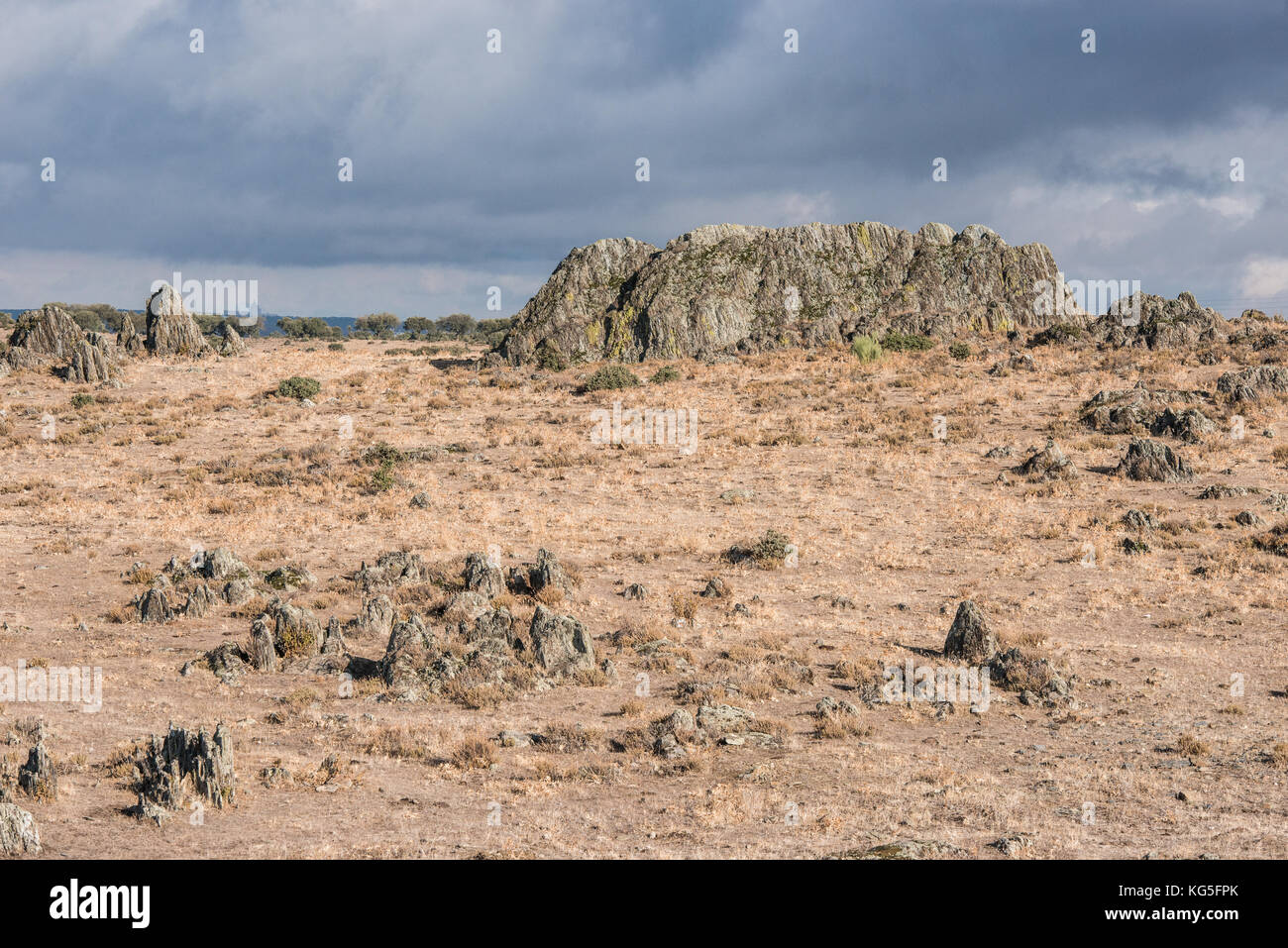Rare rock formations in a quite dry steppe area in Extremadura Stock ...
