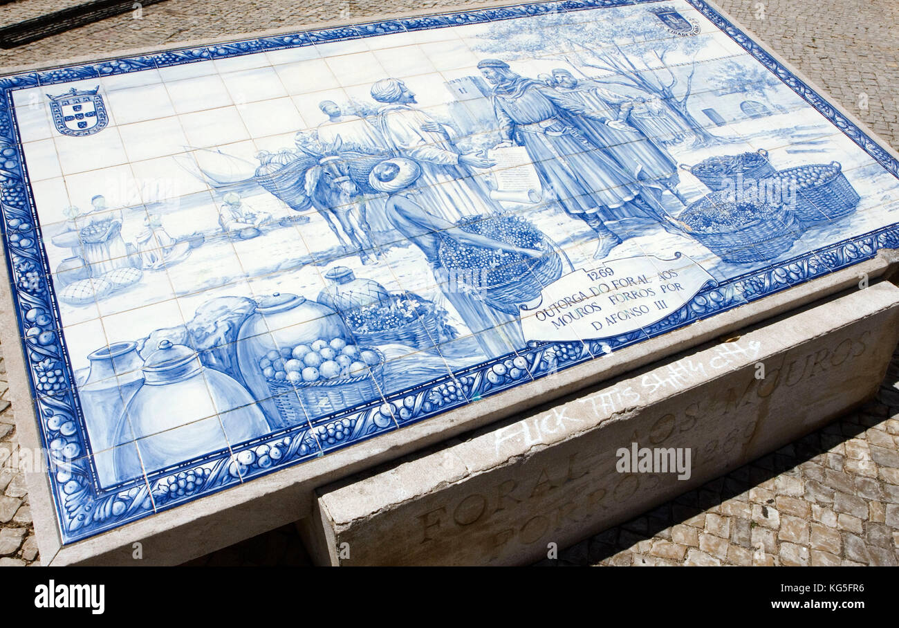 Faro, tile picture (Azulejos) at the entrance to the historical Old ...