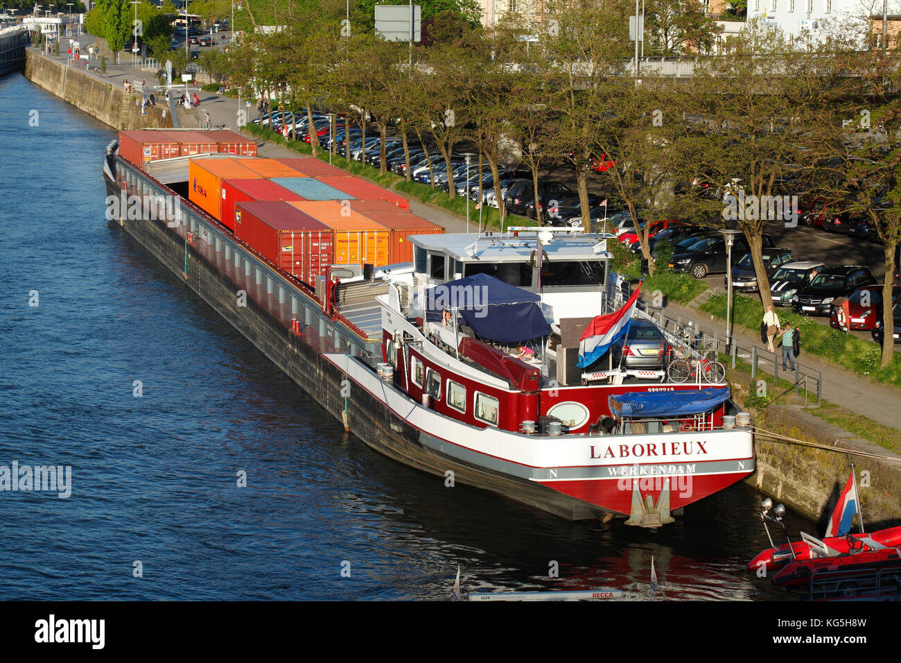 river boat with containers on Danube, Old Town, Passau, Lower Bavaria ...