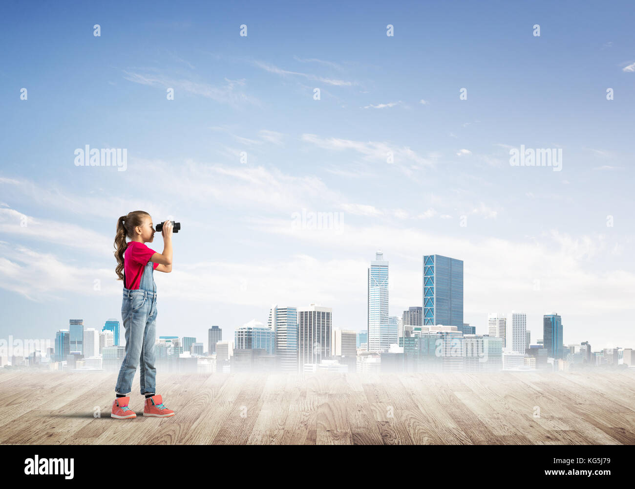 Cute kid girl standing on wooden floor and looking in binoculars Stock ...