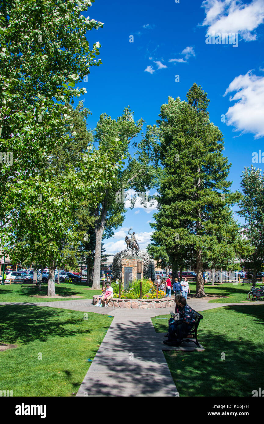 Cowboy monument in park in the center of jackson hole hi-res stock ...