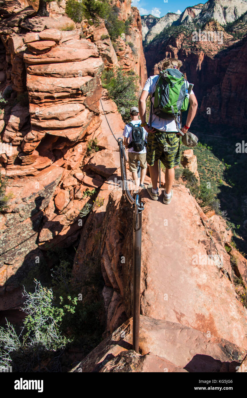 Hiker walking over the narrow edge of Angel´s landing, Zion National ...