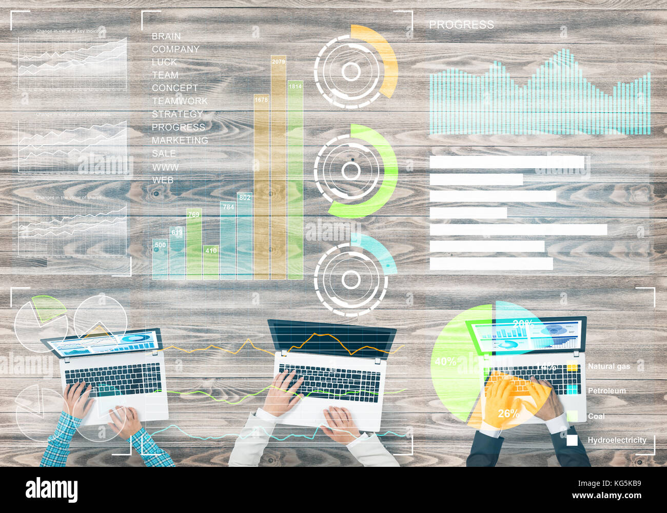 Group of three people with devices in hands working together as symbol ...