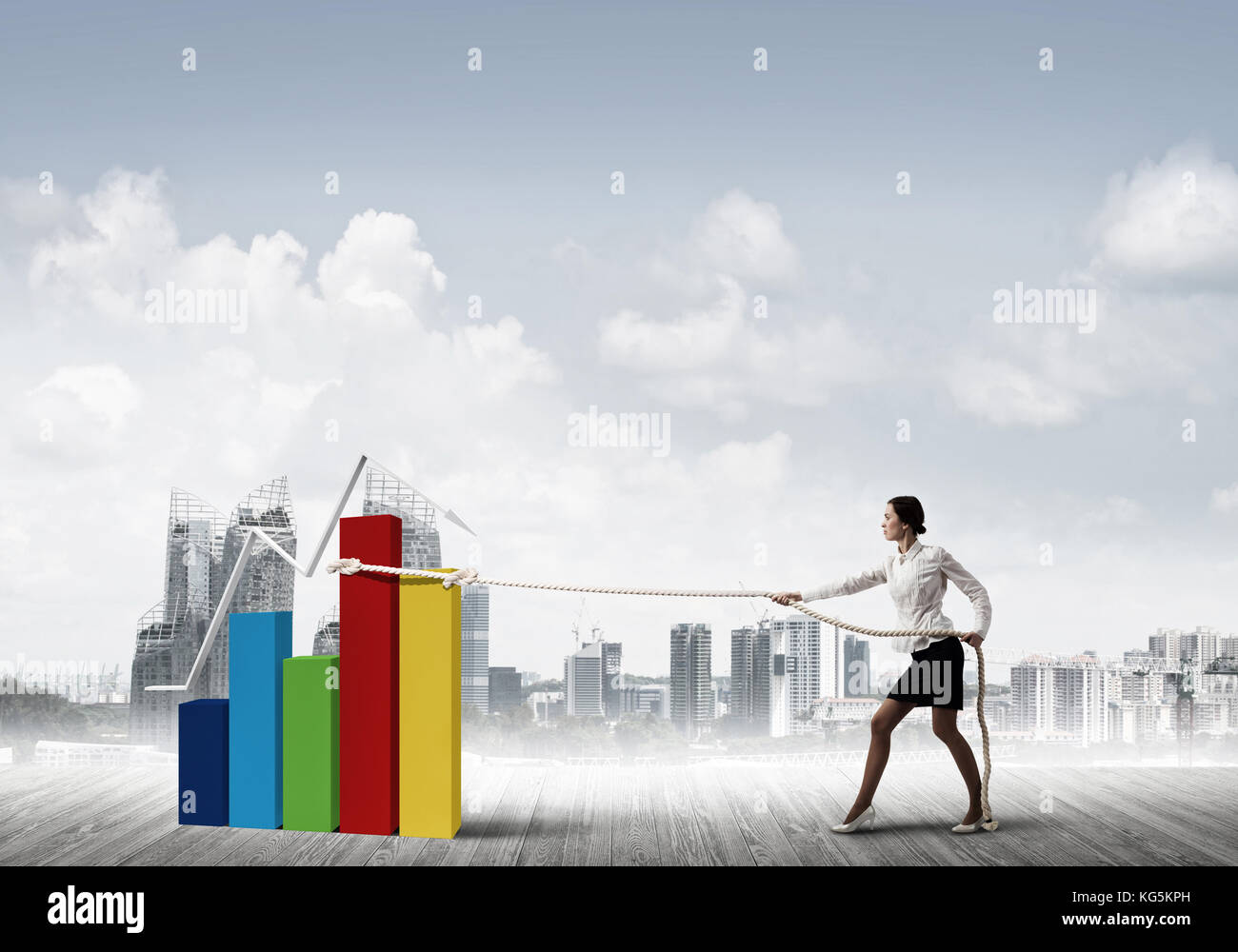 Young woman outdoors and growing graph presenting growth progress Stock ...