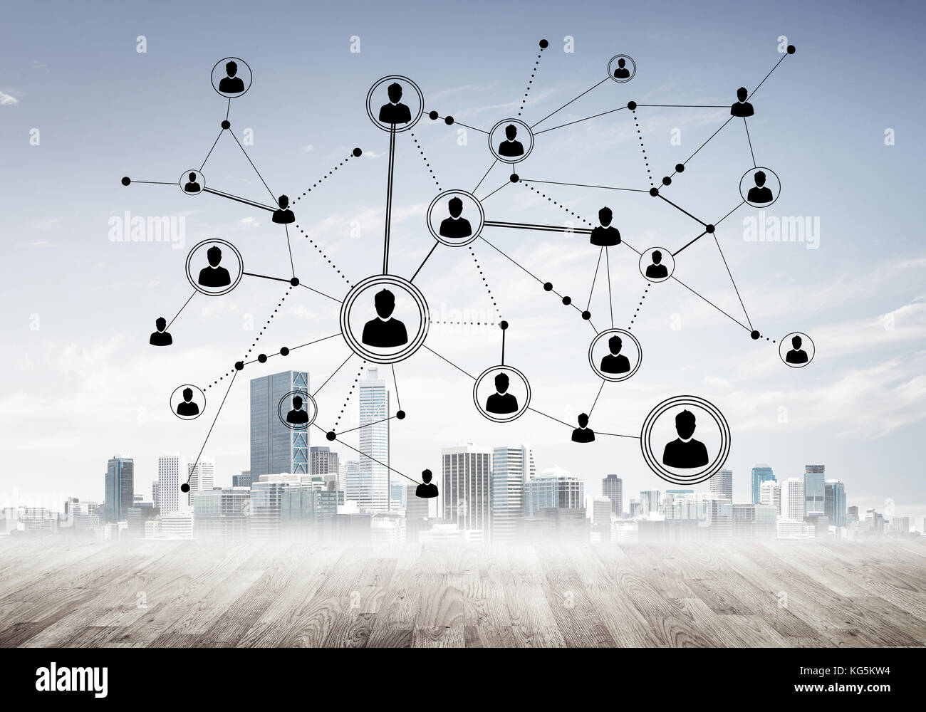 Modern cityscape wooden floor and social connection concept on screen ...