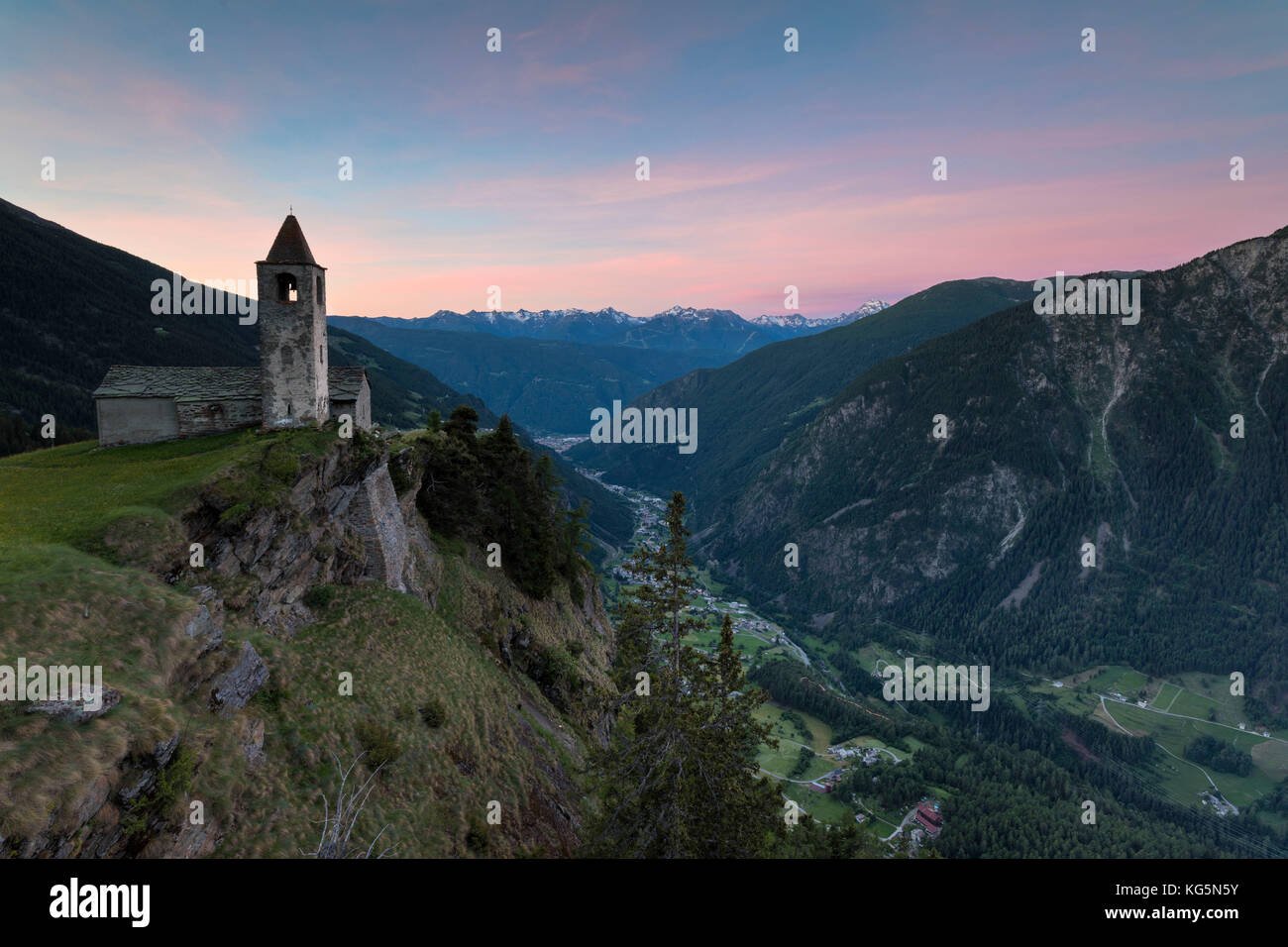 Ancient church at sunrise, San Romerio Alp, Brusio, Canton of ...