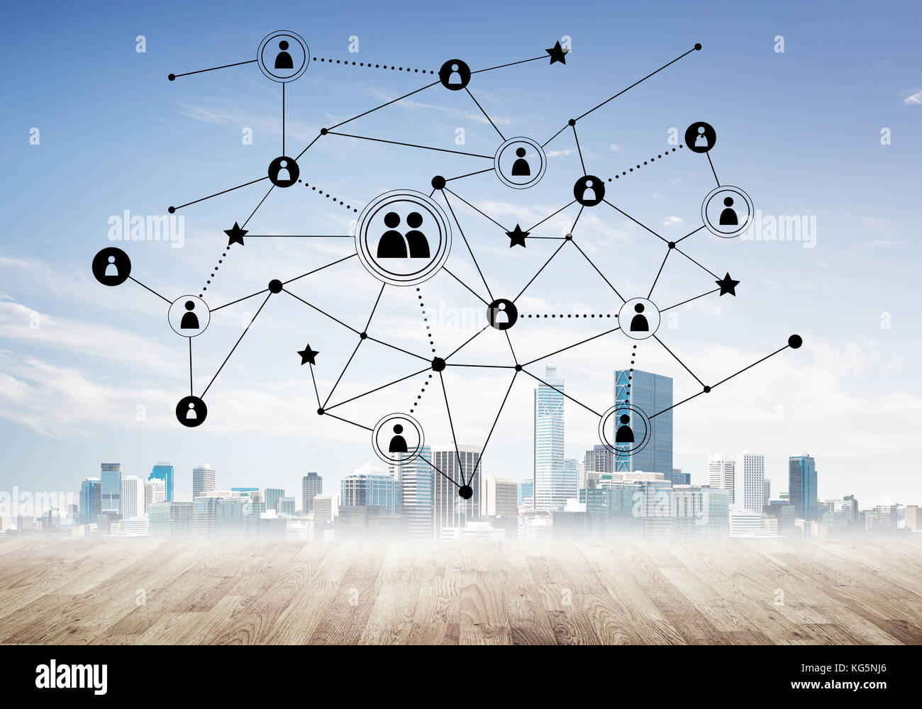 Modern cityscape wooden floor and social connection concept on screen ...