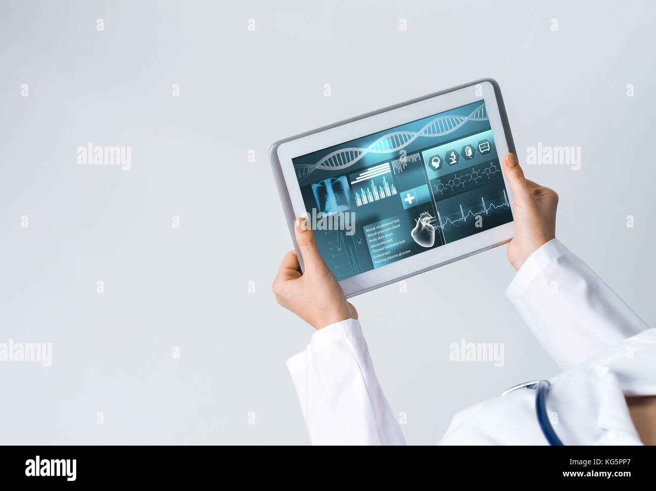 Tablet pc device with medicine interface screen in hands of doctor ...