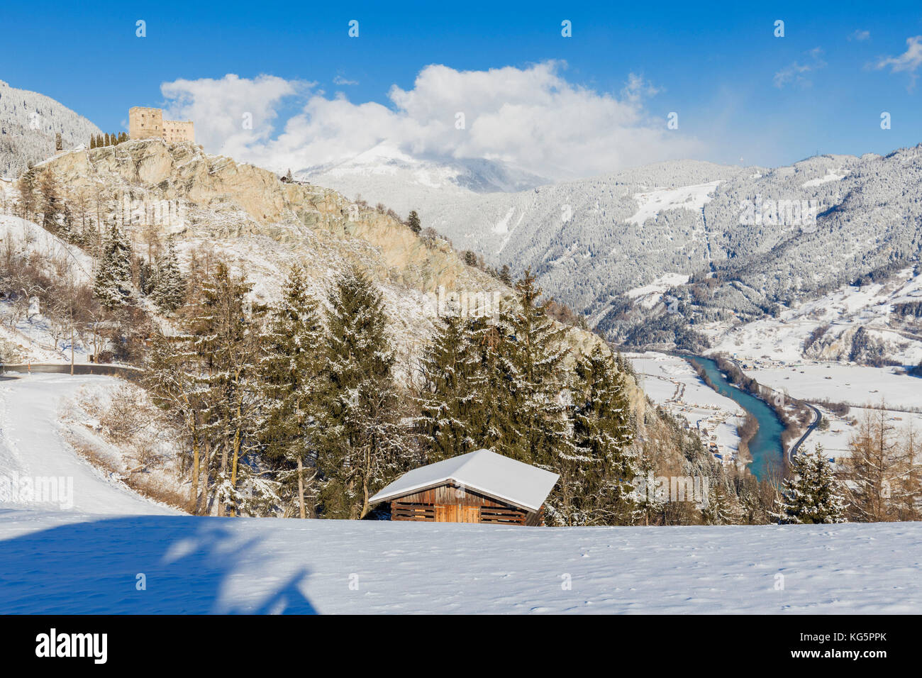 The castle of ladis dominates the inntal hi-res stock photography and ...
