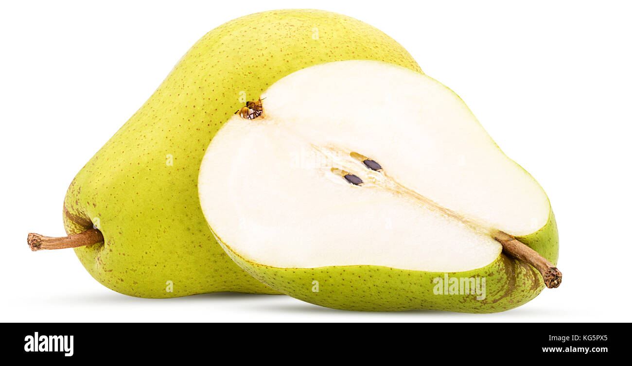 Fresh pears, one and a half yellow fruit isolated on white background ...