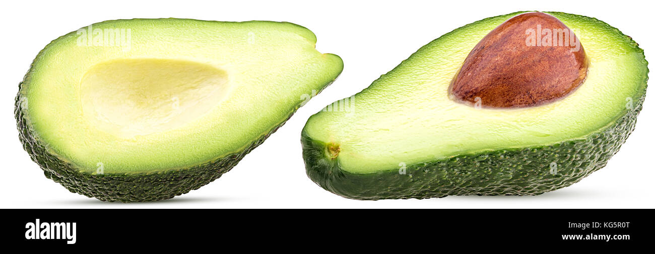 Avocado cut in half with pits, pitted isolated on white background ...