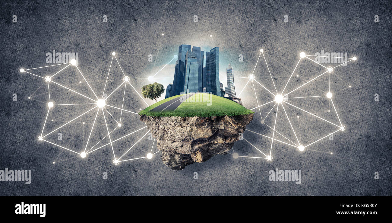 Beautiful small island with grass and cityscape on concrete background ...
