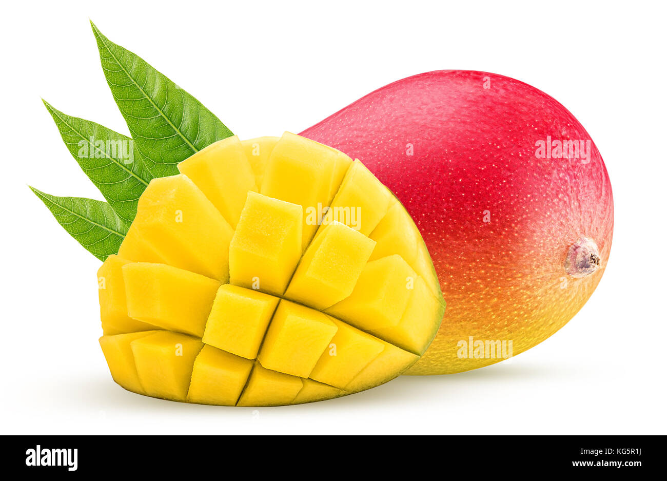 Mango with a leaf exotic friut one cut in half cubes isolated on white ...