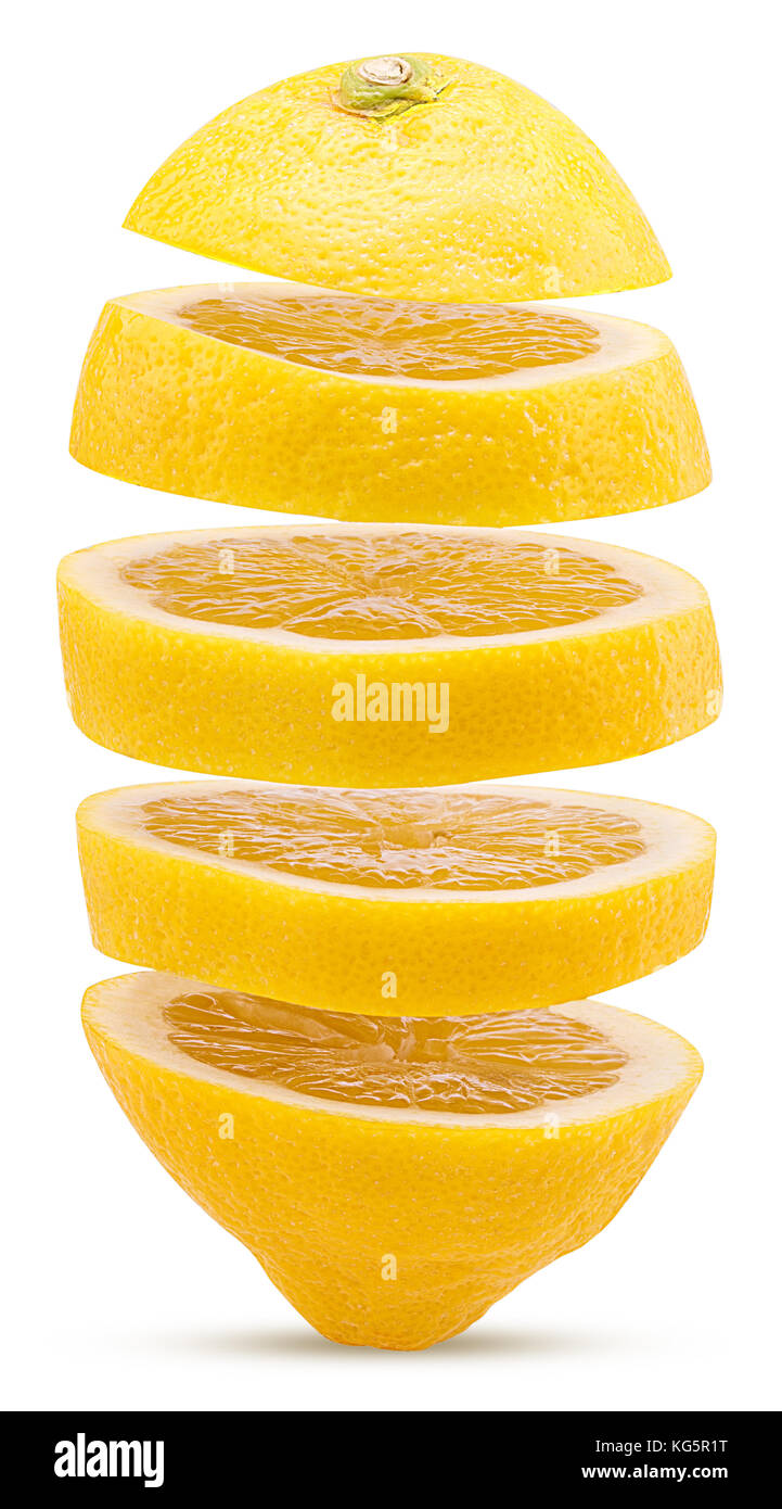Ripe slices lemon flying in the air isolated on white background ...