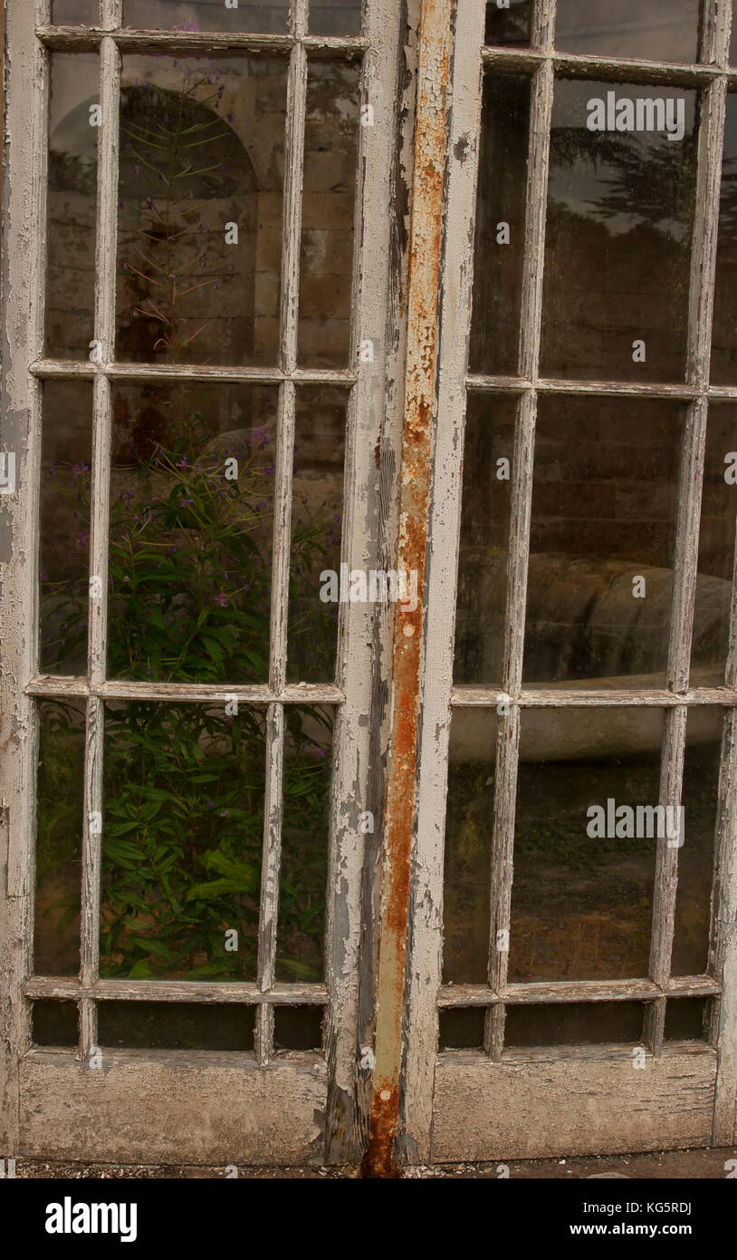 rusted window and garden reflection Stock Photo - Alamy