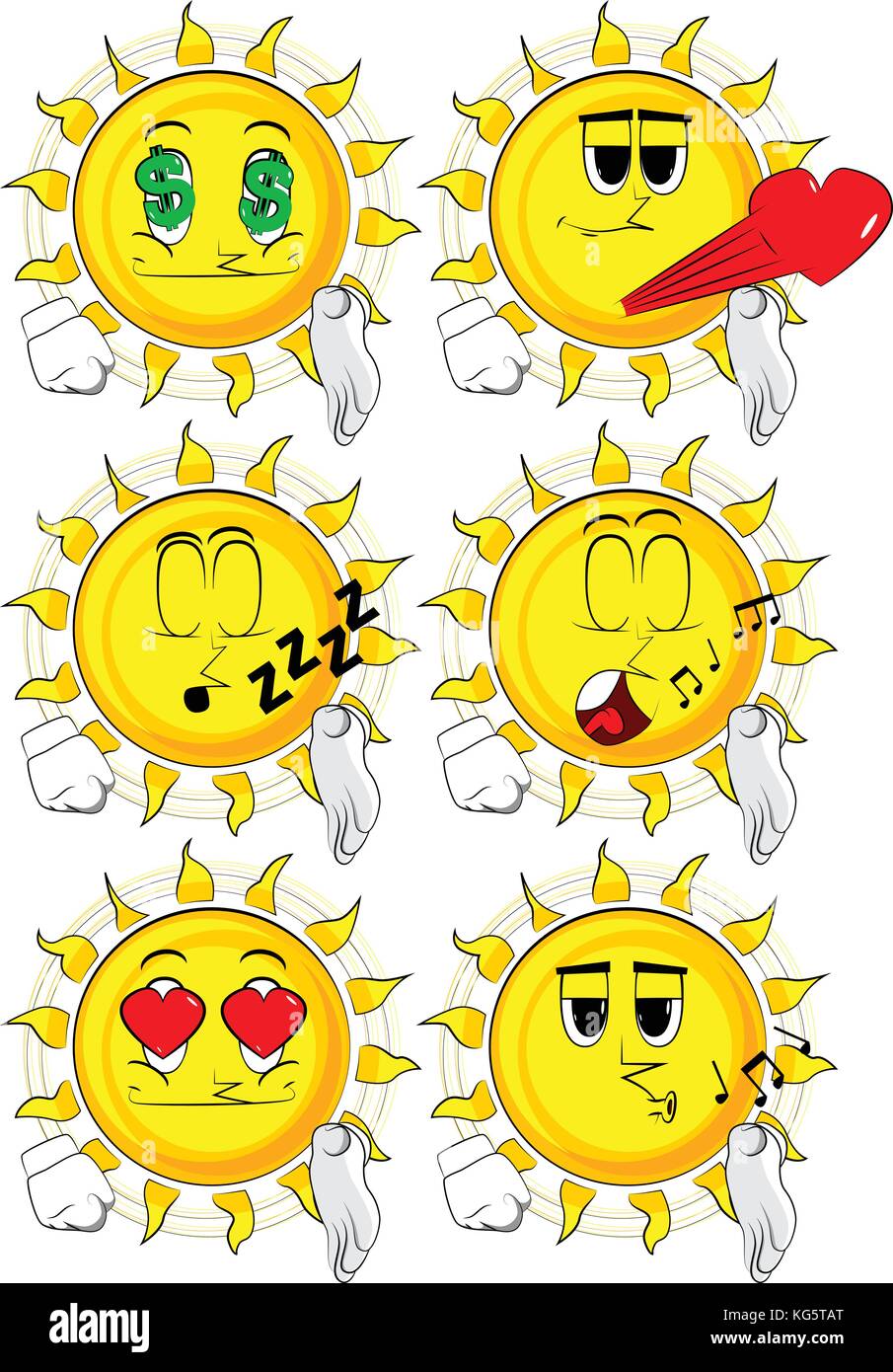 Cartoon sun giving a hand. Collection with various facial expressions ...