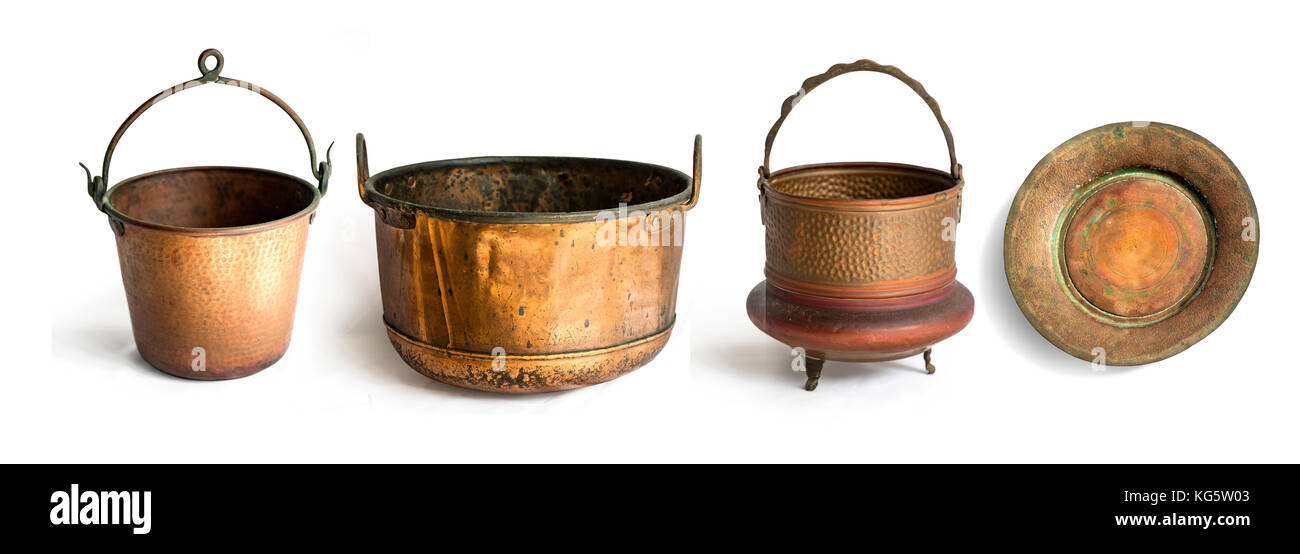 antique copper utensils isolated on white background Stock Photo - Alamy