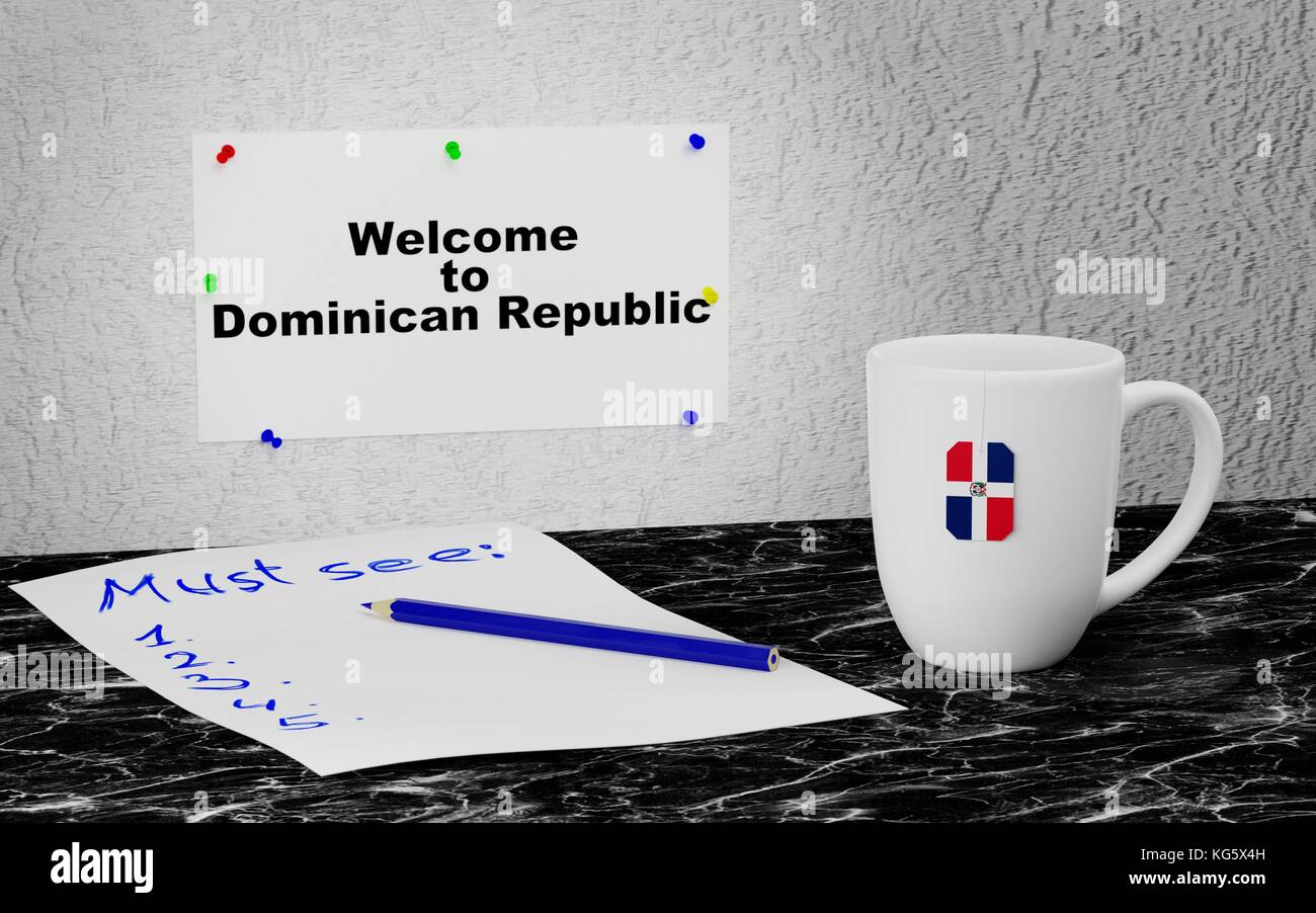 Big mug and label on the wall with text Welcome to Dominican Republic ...