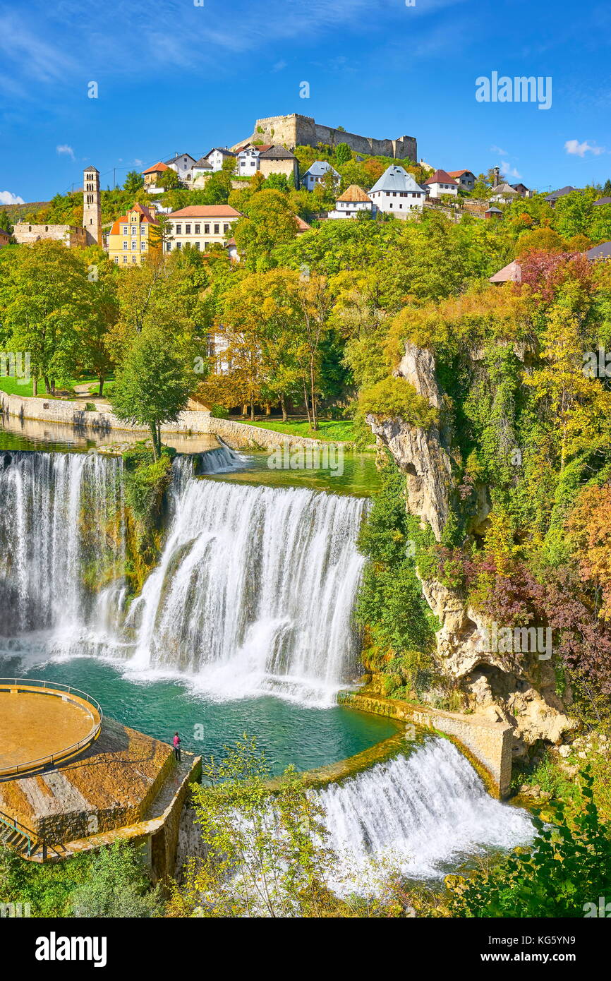 Pliva River Waterfall and castle from 14th century, Jajce town, Bosnia ...