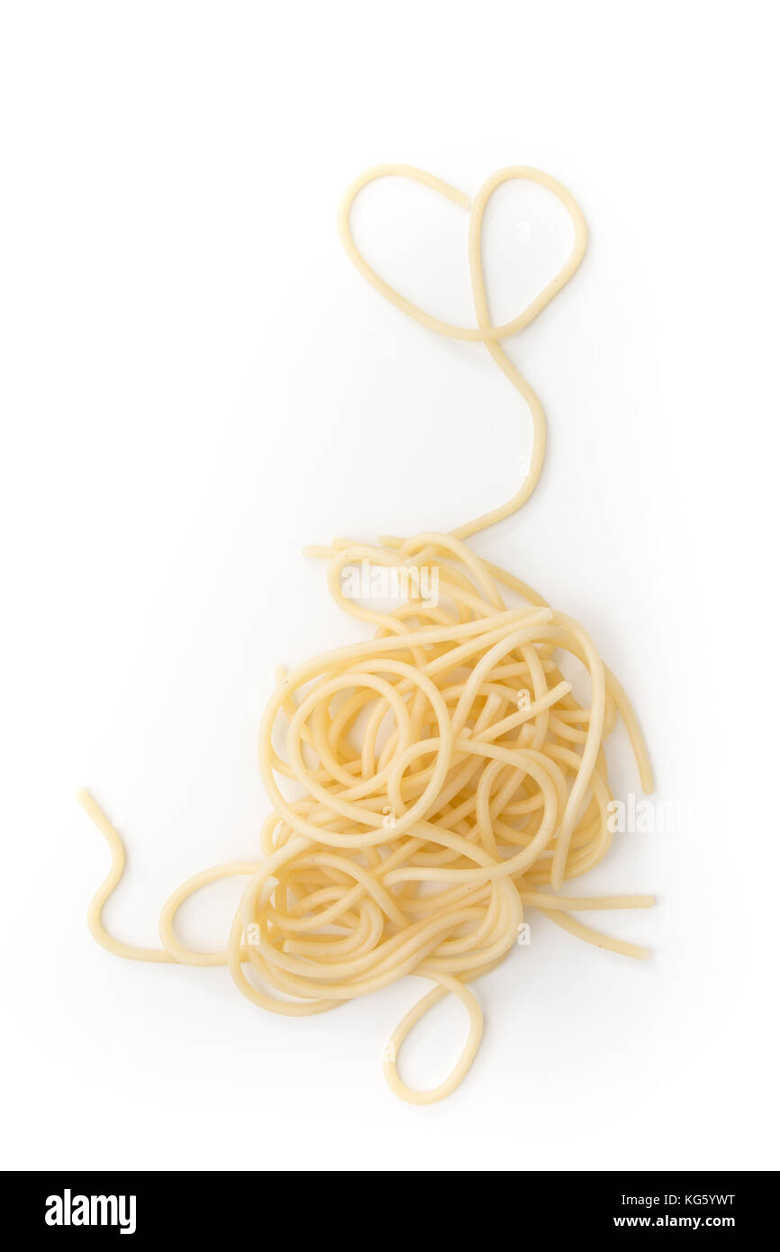 Plain cooked spaghetti pasta pile with heart, on white background Stock ...