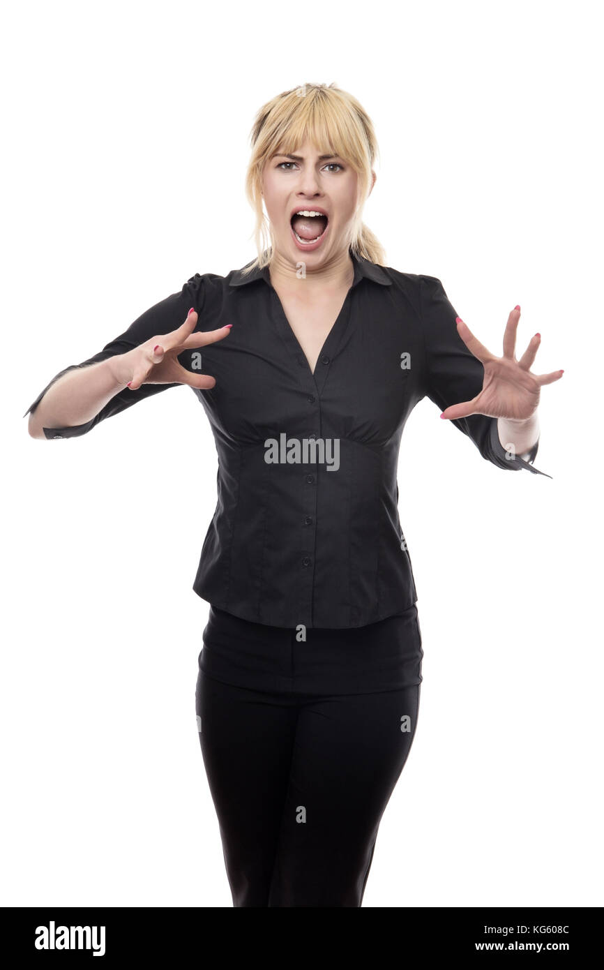 blonde haired business woman standing looking around scared Stock Photo ...