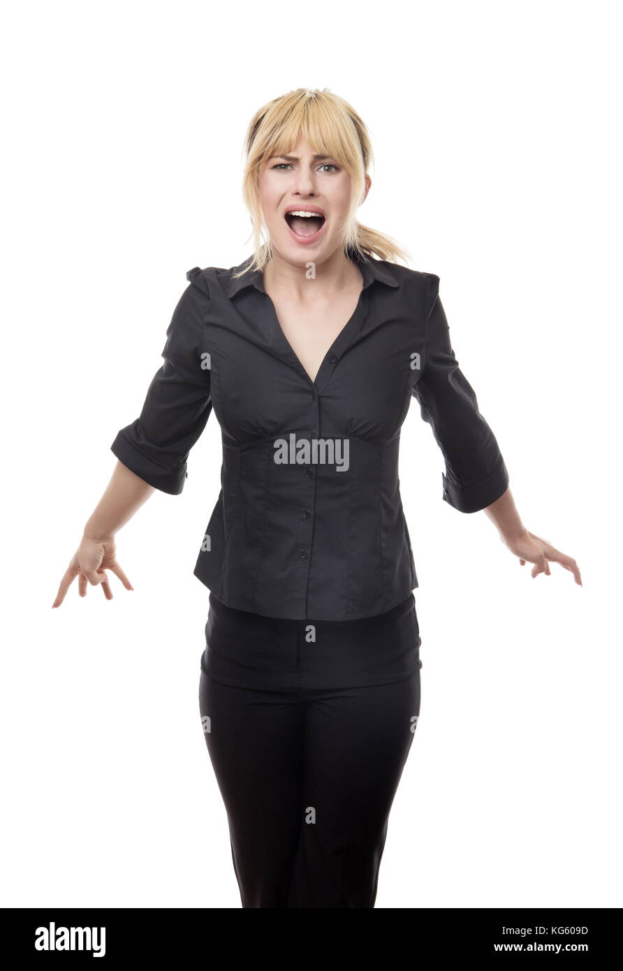 blonde haired business woman standing looking around scared Stock Photo ...