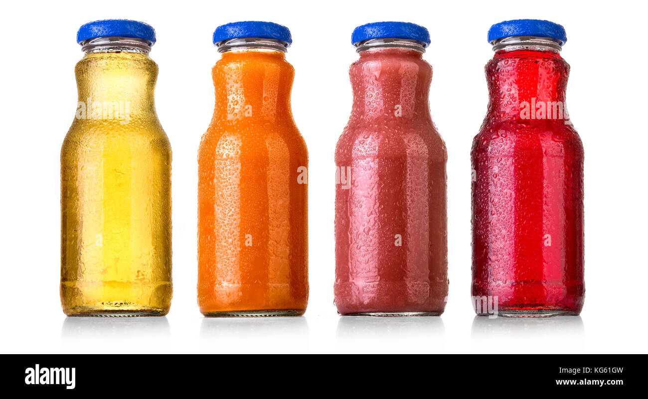 different bottles of juice on white background Stock Photo - Alamy