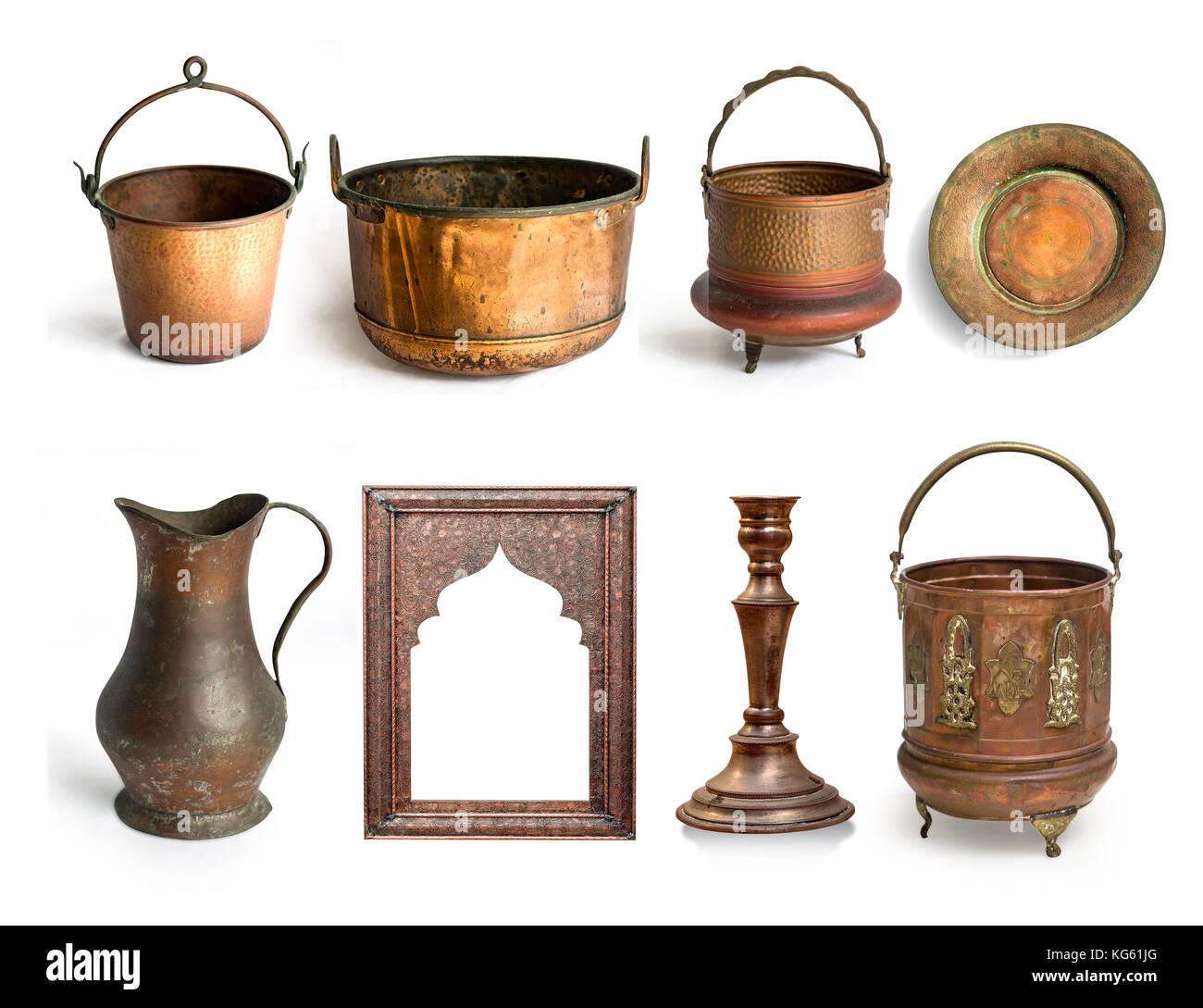 antique copper utensils isolated on white background Stock Photo - Alamy
