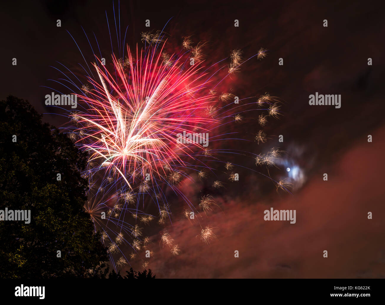 Fireworks and full moon on Bonfire Night, north London, UK Stock Photo ...