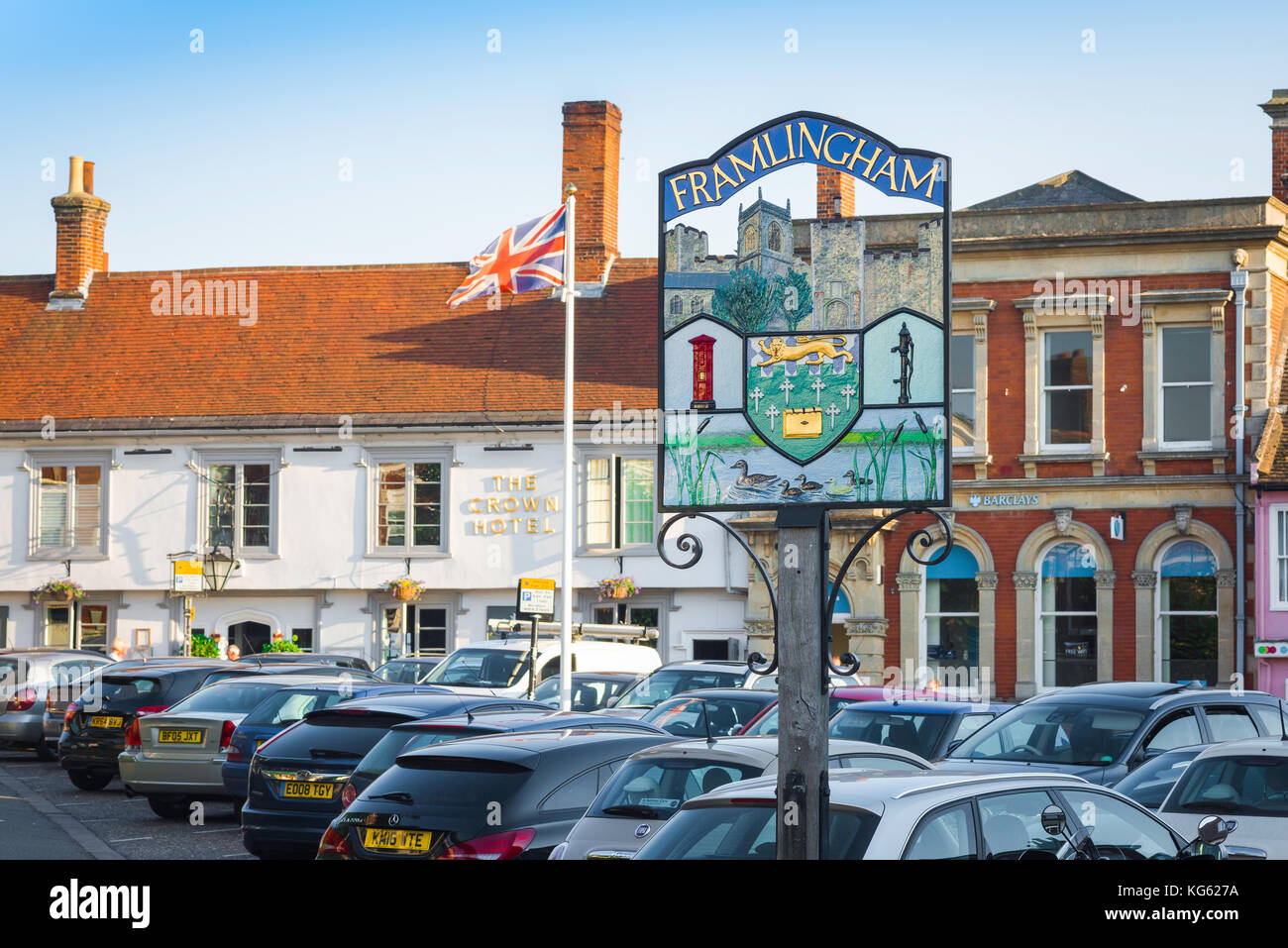 Framlingham Suffolk UK, view of the village sign on Market Hill in the ...