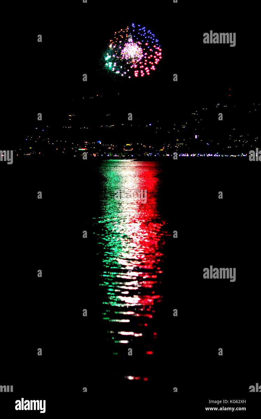 spectacular reflection of a fireworks reproducing the colors of the ...