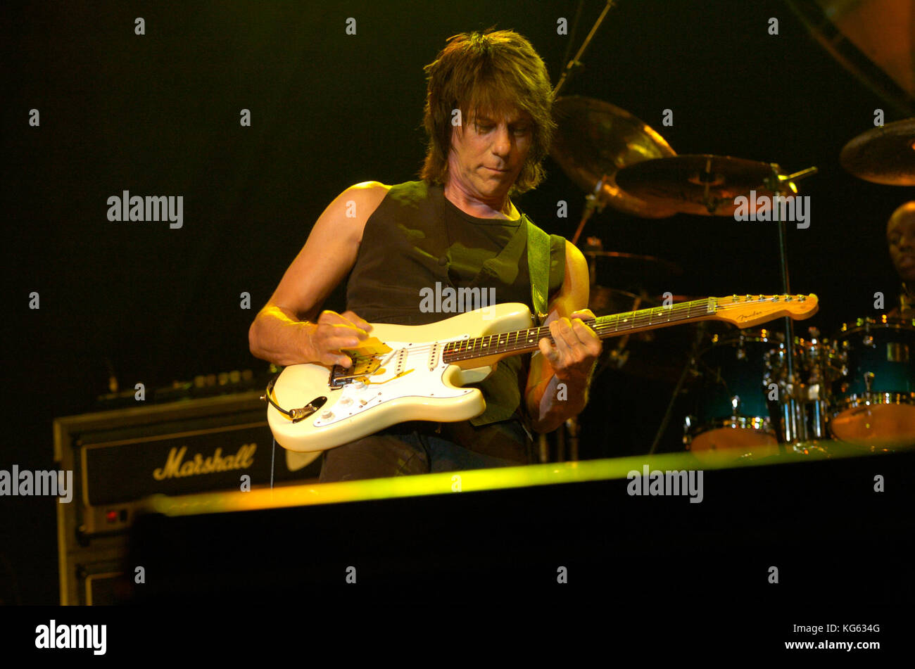 Close up of Jeff Beck rock guitarist in concert, London England UK 2004 ...