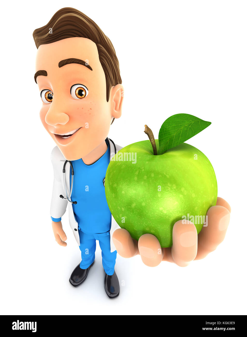 3d doctor holding green apple, illustration with isolated white ...
