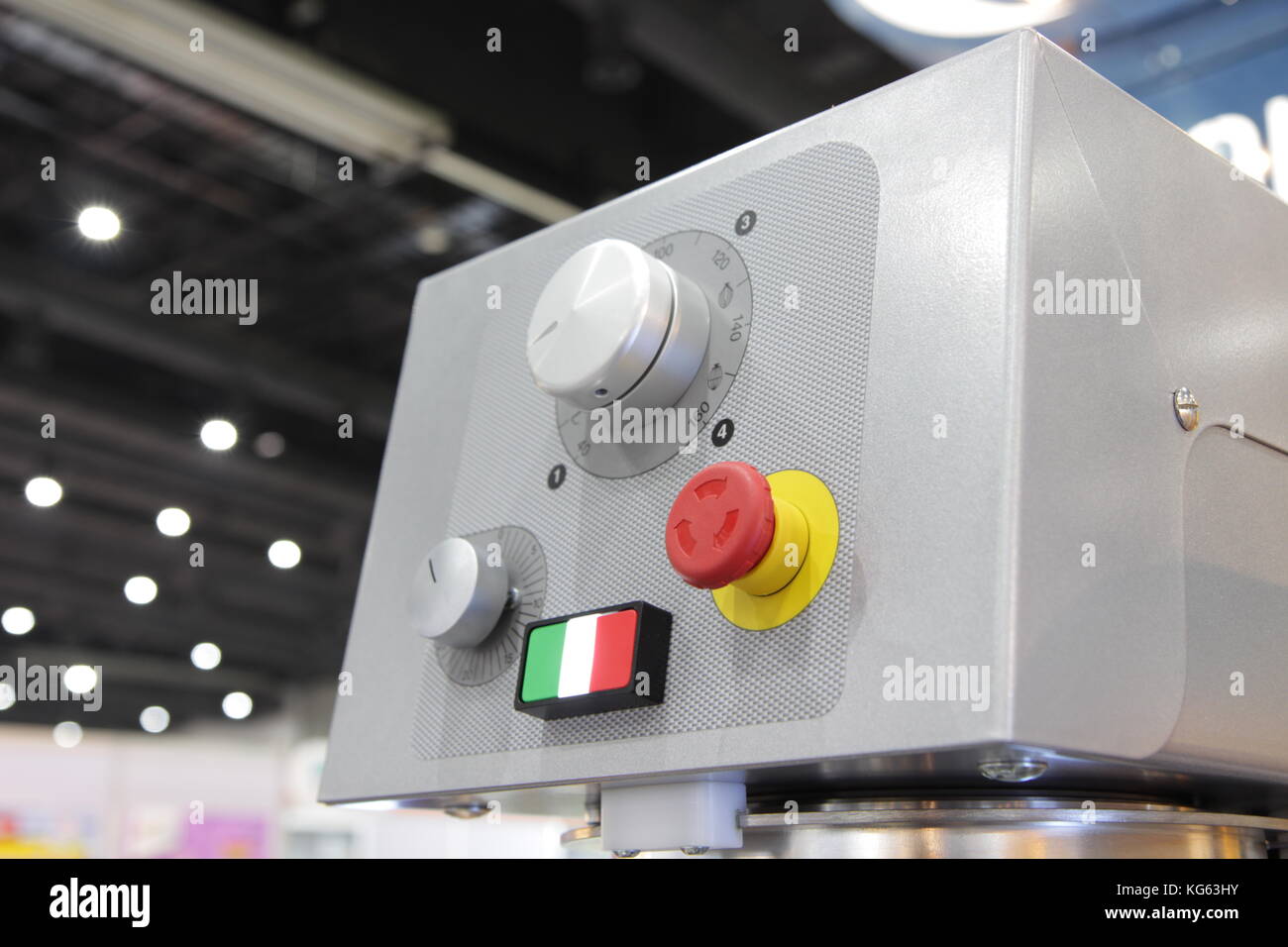 Control panel of a machine ; emergency stop. Selective focus Stock ...