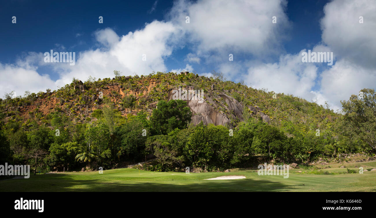 The Seychelles, Praslin, Anse Kerlan, Miller mountain above Constance ...