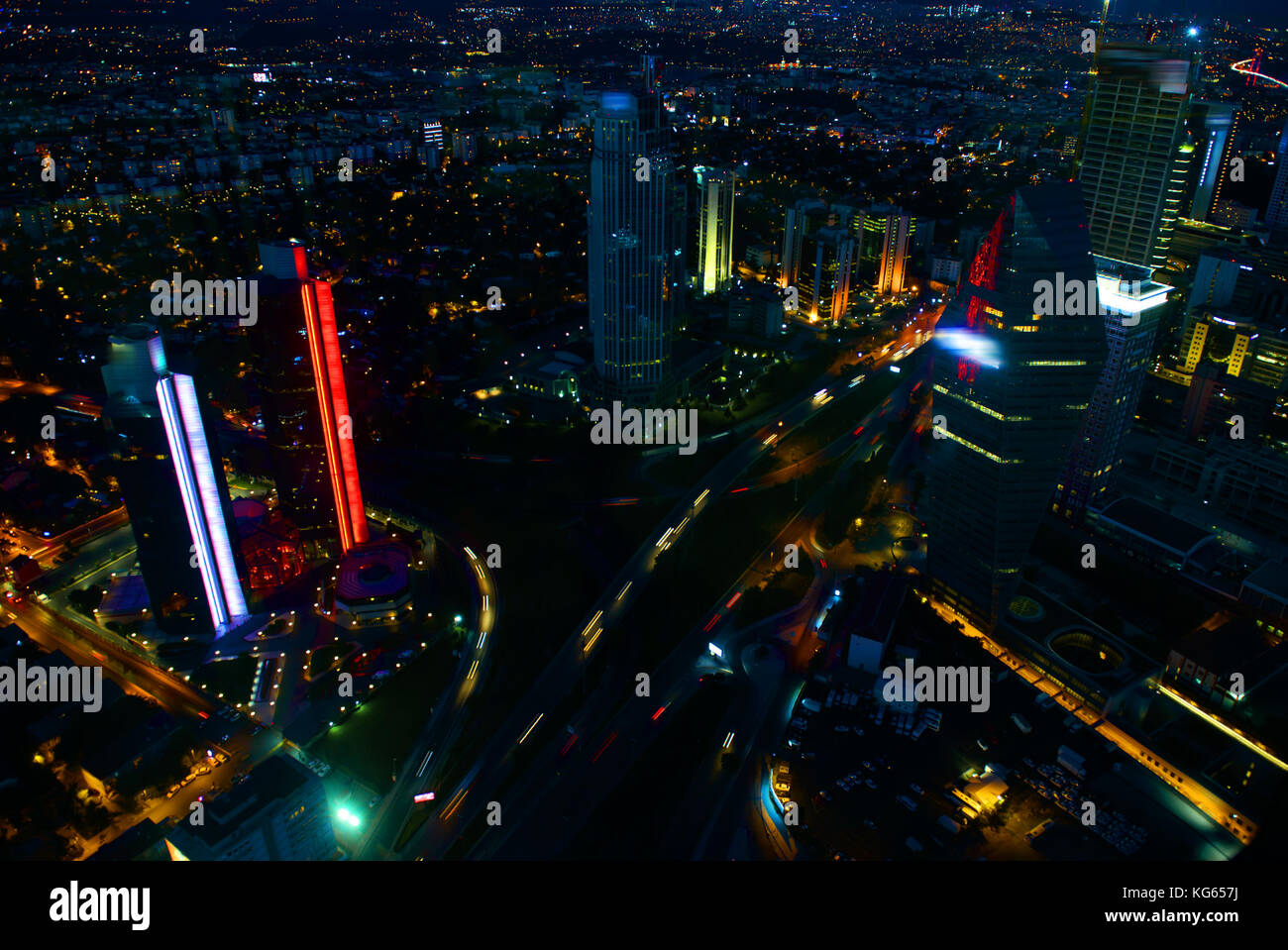 Aerial night panoramic view of business Istanbul, Turkey Stock Photo ...