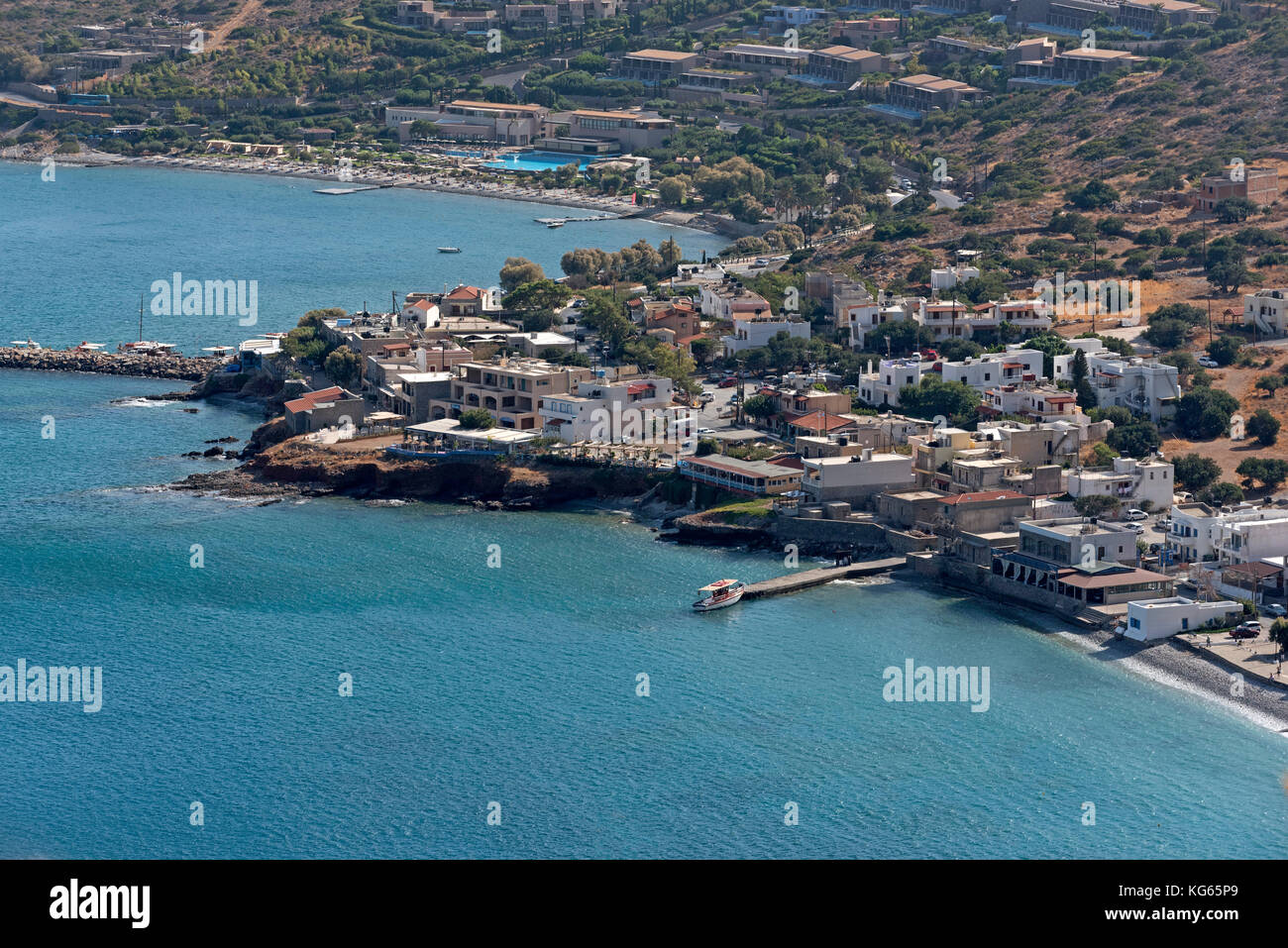An overview of the small coastal town of Plaka, Lasithi region of Crete ...