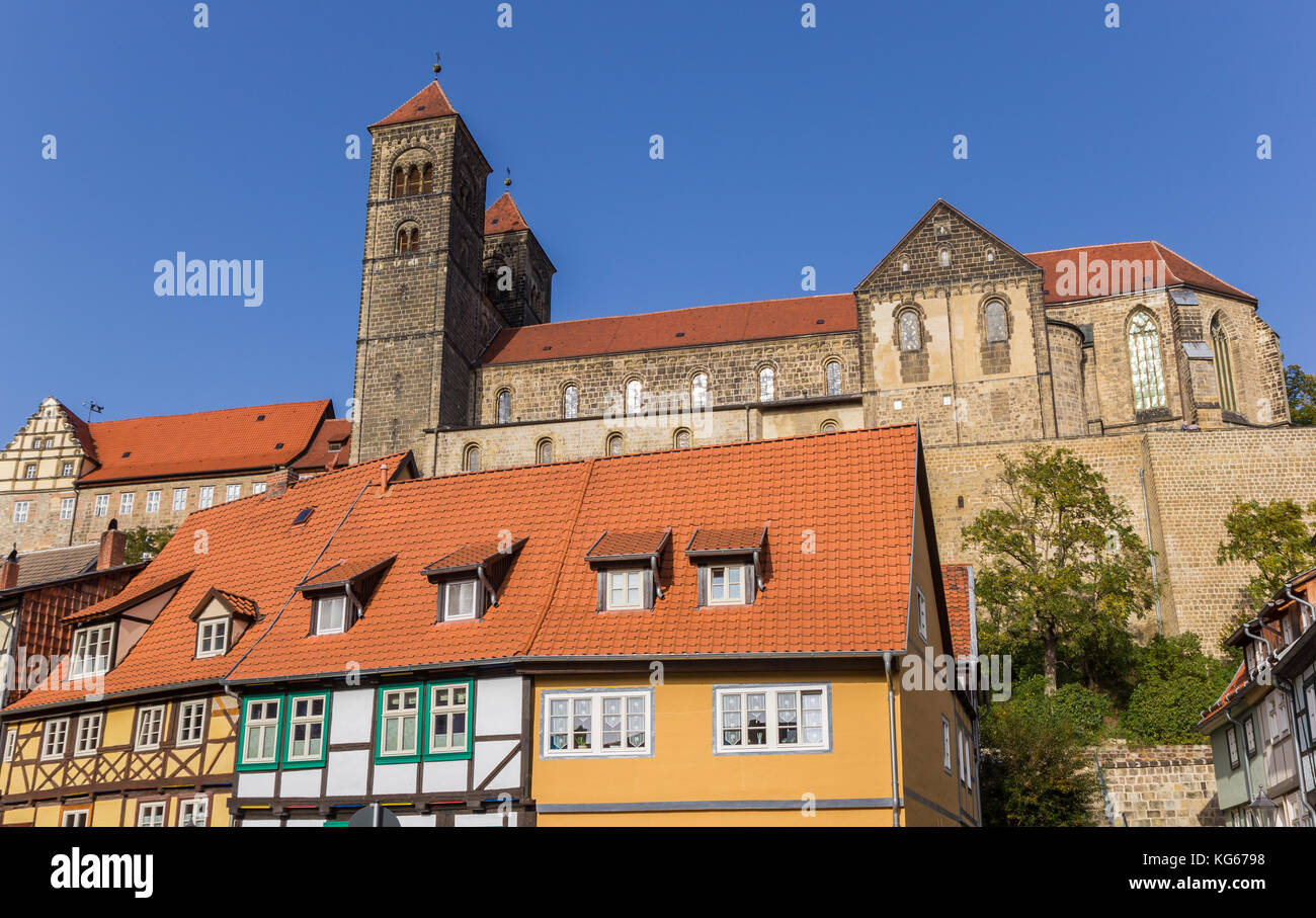 Castle and colorful houses in historic city Quedlinburg, Germany Stock ...